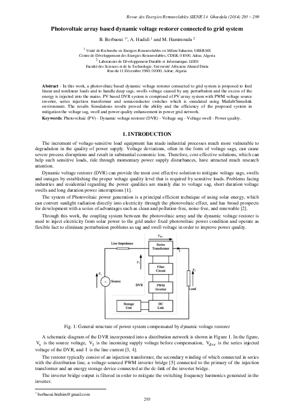 (PDF) Photovoltaic array based dynamic voltage restorer connected to grid system | BERBAOUI ...