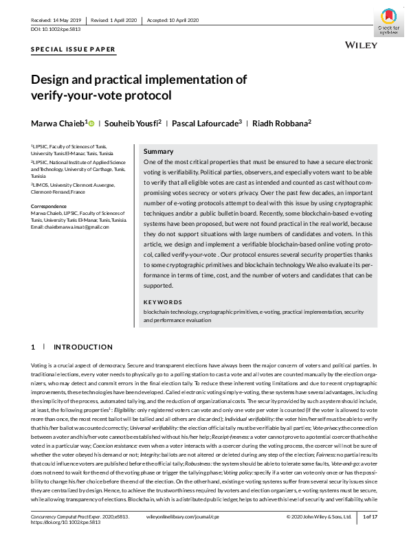 (PDF) Design and practical implementation of verify‐your‐vote protocol