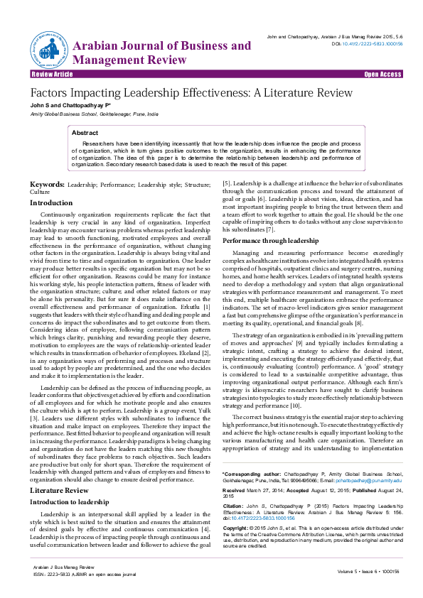 (PDF) Factors Impacting Leadership Effectiveness: A Literature Review