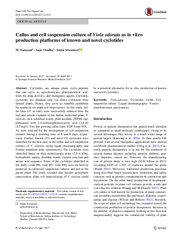 (PDF) Callus and cell suspension culture of Viola odorata as in vitro production platforms of ...