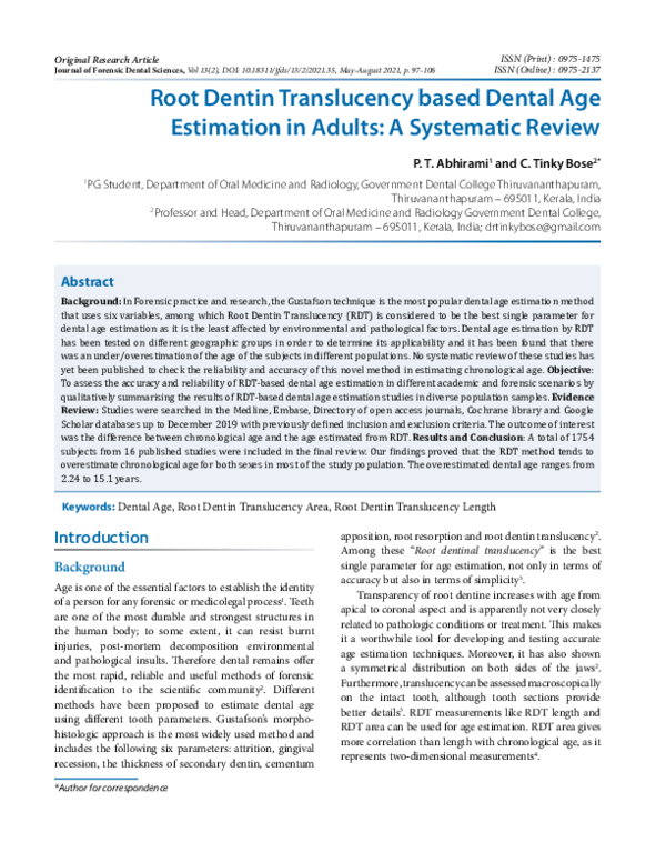 (PDF) Root Dentin Translucency based Dental Age Estimation in Adults: A Systematic Review