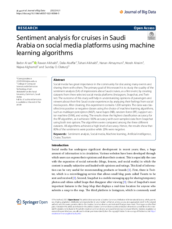 (PDF) Sentiment analysis for cruises in Saudi Arabia on social media platforms using machine ...