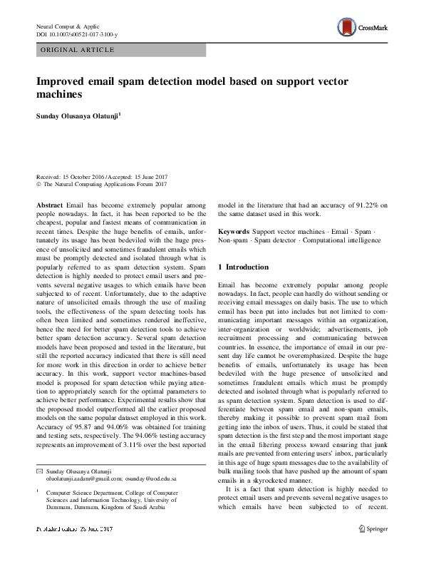(PDF) Improved email spam detection model based on support vector machines