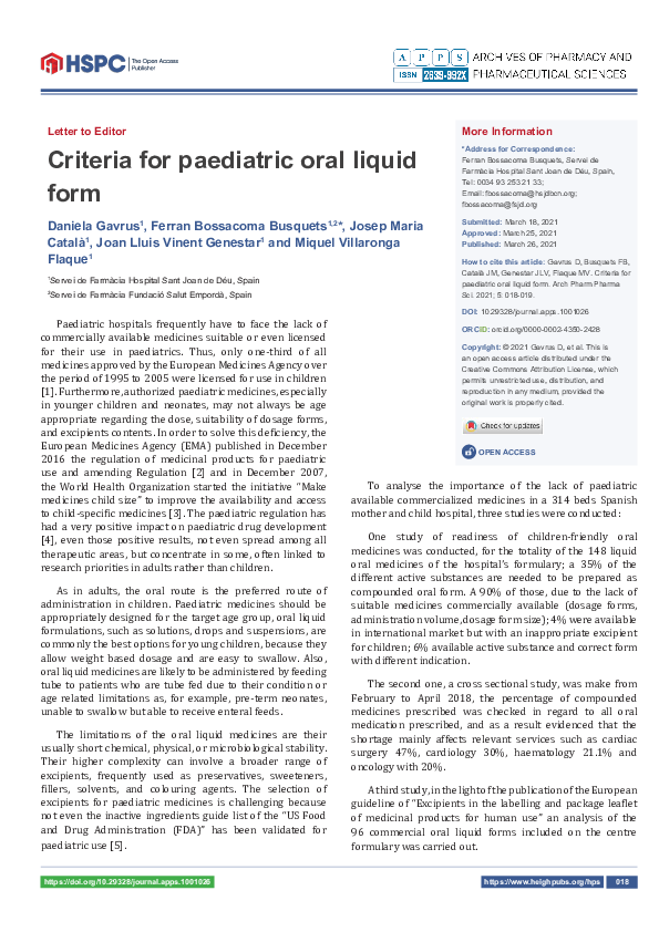 (PDF) Criteria for paediatric oral liquid form