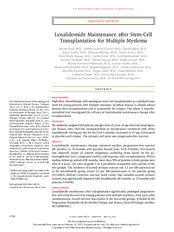 (PDF) Lenalidomide Maintenance after Stem-Cell Transplantation for Multiple Myeloma | Marie ...