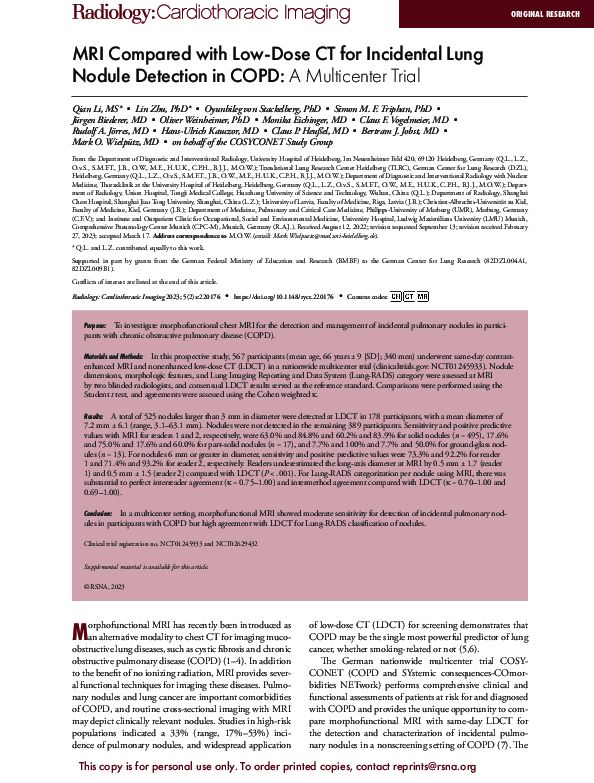 (PDF) MRI Compared with Low-Dose CT for Incidental Lung Nodule Detection in COPD: A Multicenter ...