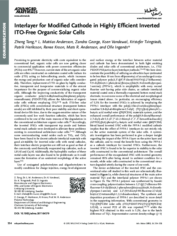 (PDF) Interlayer for Modified Cathode in Highly Efficient Inverted ITO‐Free Organic Solar Cells