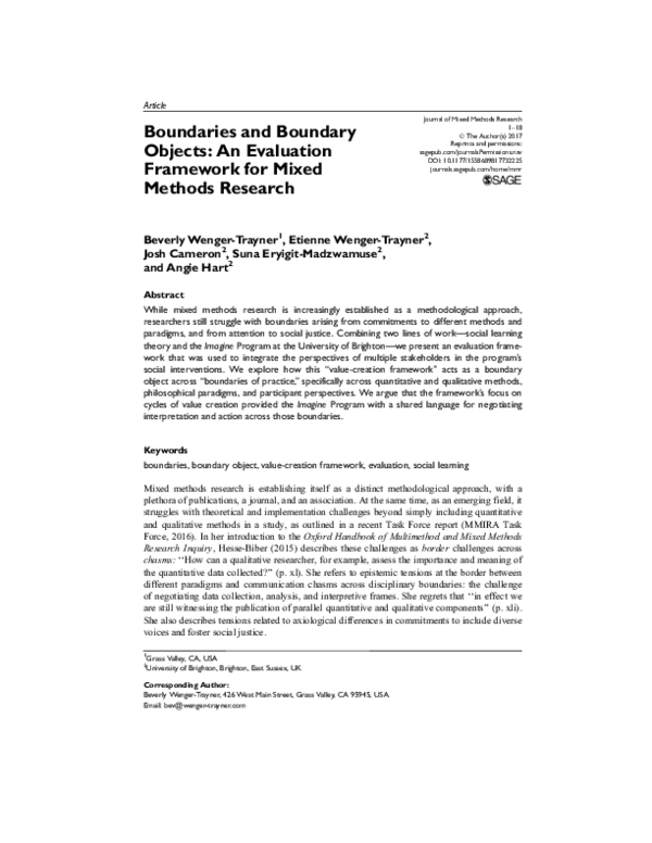 (PDF) Boundaries and Boundary Objects: An Evaluation Framework for Mixed Methods Research