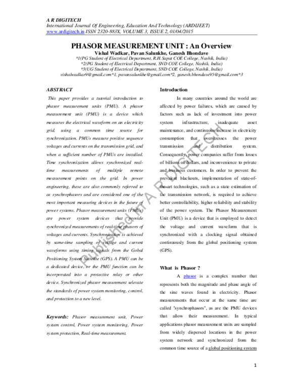 (PDF) PHASOR MEASUREMENT UNIT : An Overview