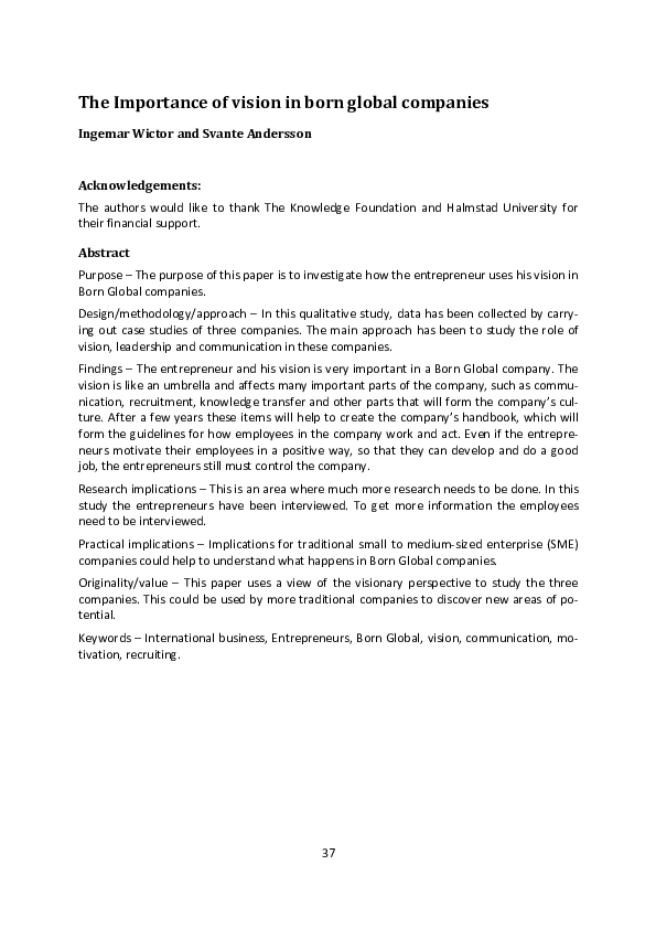 (PDF) The Importance of vision in born global companies