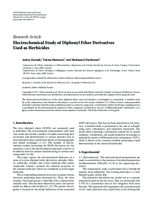 (PDF) Electrochemical Study of Diphenyl Ether Derivatives Used as Herbicides