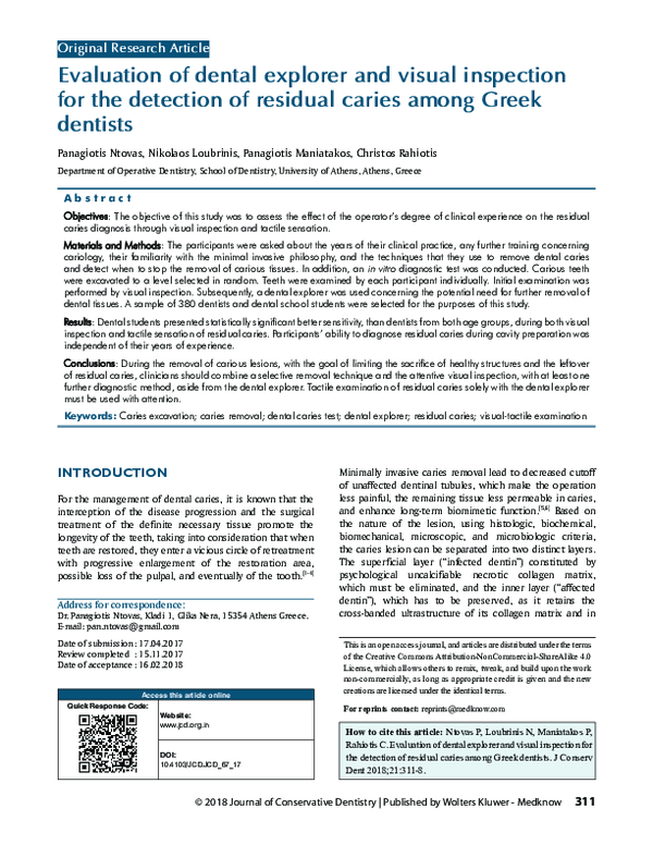 (PDF) Evaluation of dental explorer and visual inspection for the ...