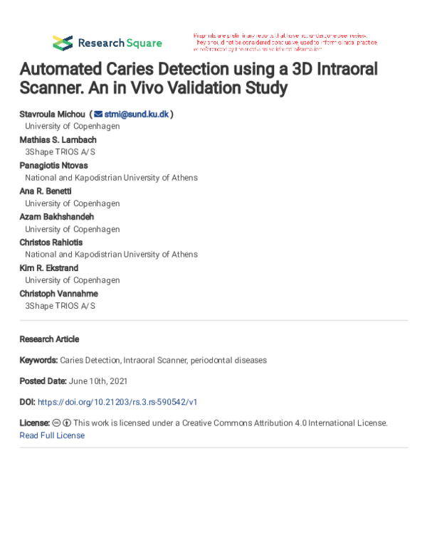 (PDF) Automated Caries Detection using a 3D Intraoral Scanner. An in Vivo Validation Study ...