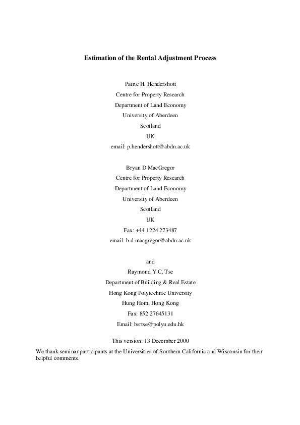 (PDF) Estimation of the Rental Adjustment Process