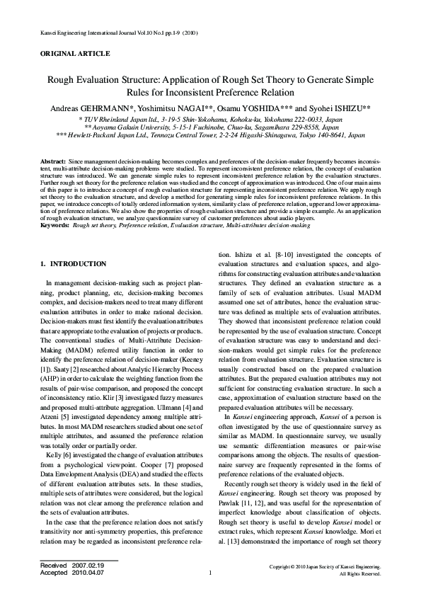 (PDF) Rough Evaluation Structure: Application of Rough Set Theory to Generate Simple Rules for ...