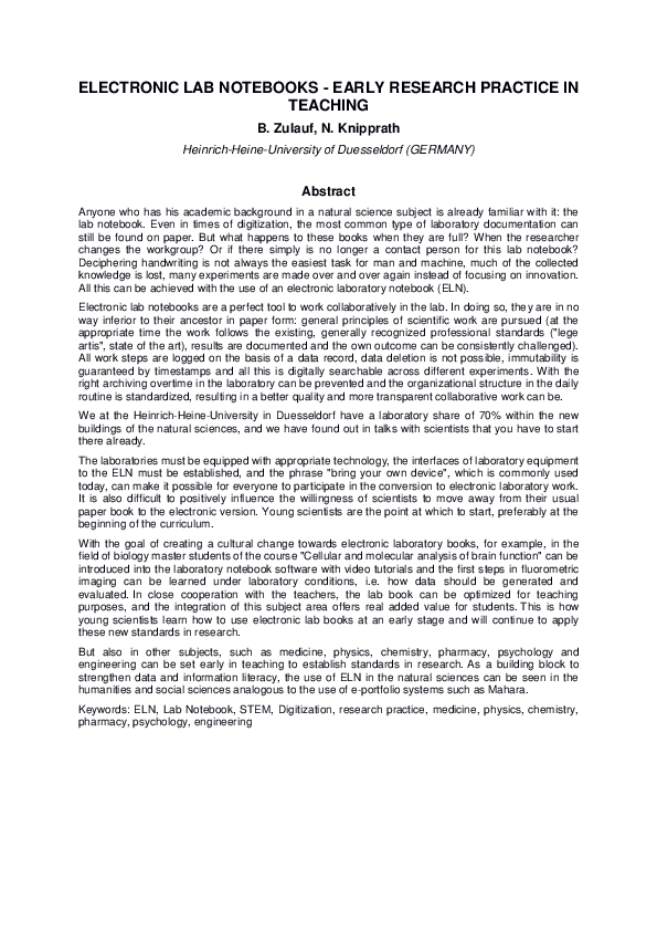 (PDF) Electronic Lab Notebooks - early research practice in teaching