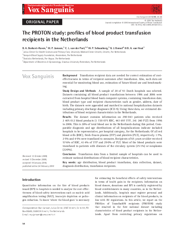 (PDF) The PROTON study: profiles of blood product transfusion ...