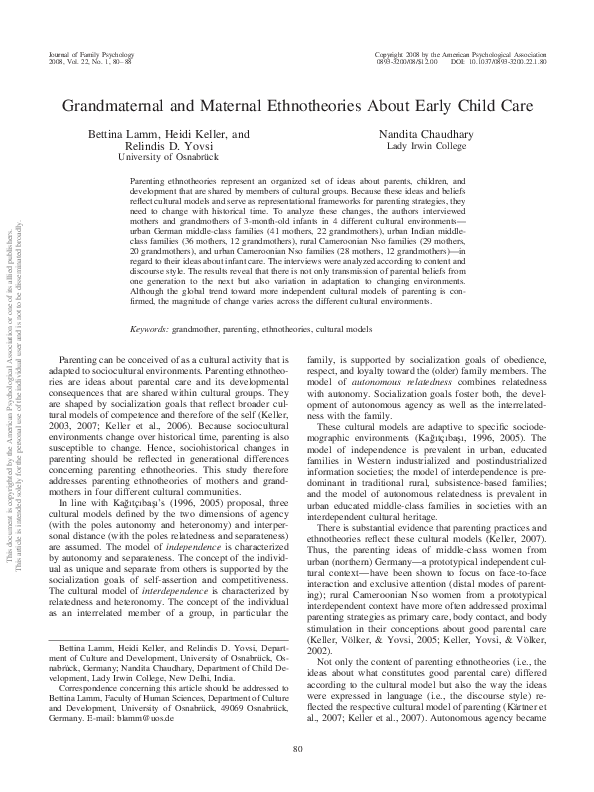 (PDF) Grandmaternal and maternal ethnotheories about early child care