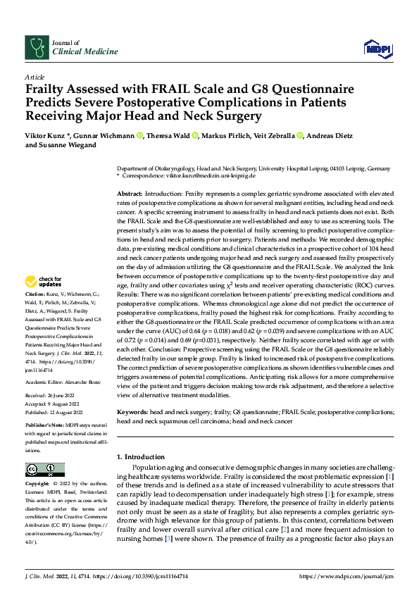 (PDF) Frailty Assessed with FRAIL Scale and G8 Questionnaire Predicts ...