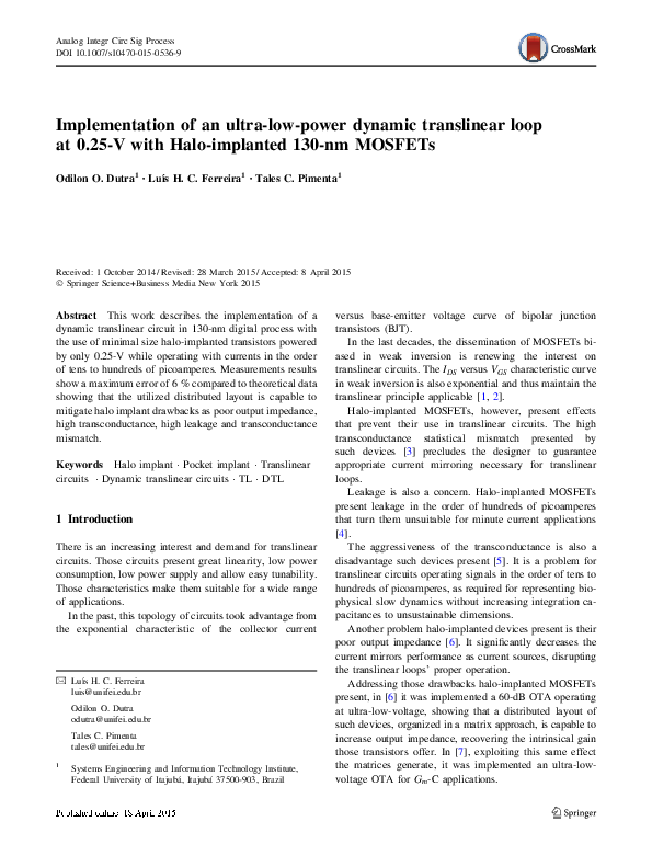 (PDF) Implementation of an ultra-low-power dynamic translinear loop at ...