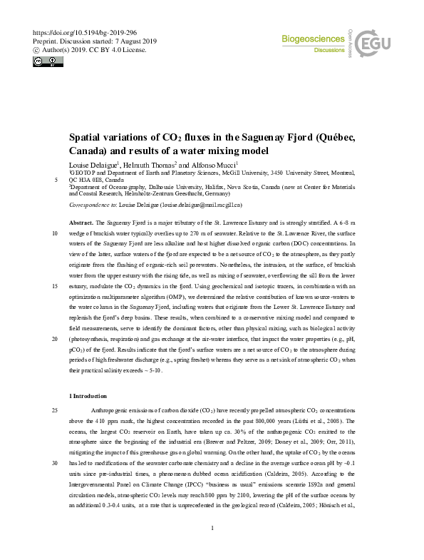 (PDF) Spatial variations of CO2 fluxes in the Saguenay Fjord (Québec, Canada) and results of a ...