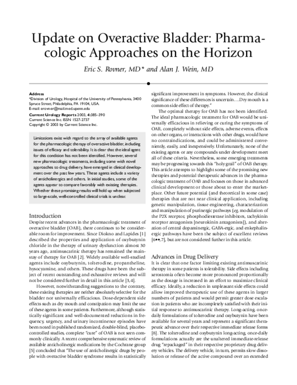 (PDF) Update on overactive bladder: Pharmacologic approaches on the horizon