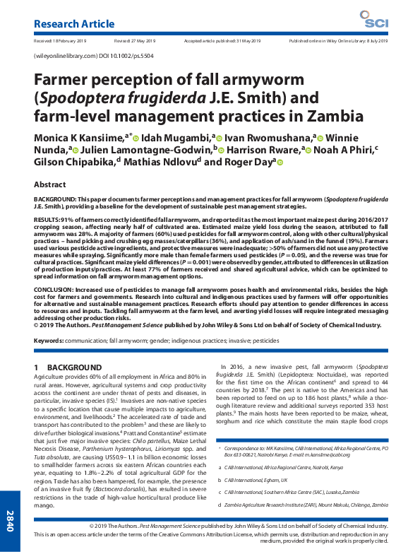 (PDF) Farmer perception of fall armyworm (Spodoptera frugiderda J.E. Smith) and farm‐level ...