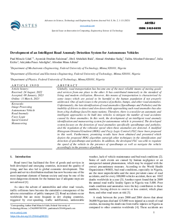 Pdf Development Of An Intelligent Road Anomaly Detection System For Autonomous Vehicles