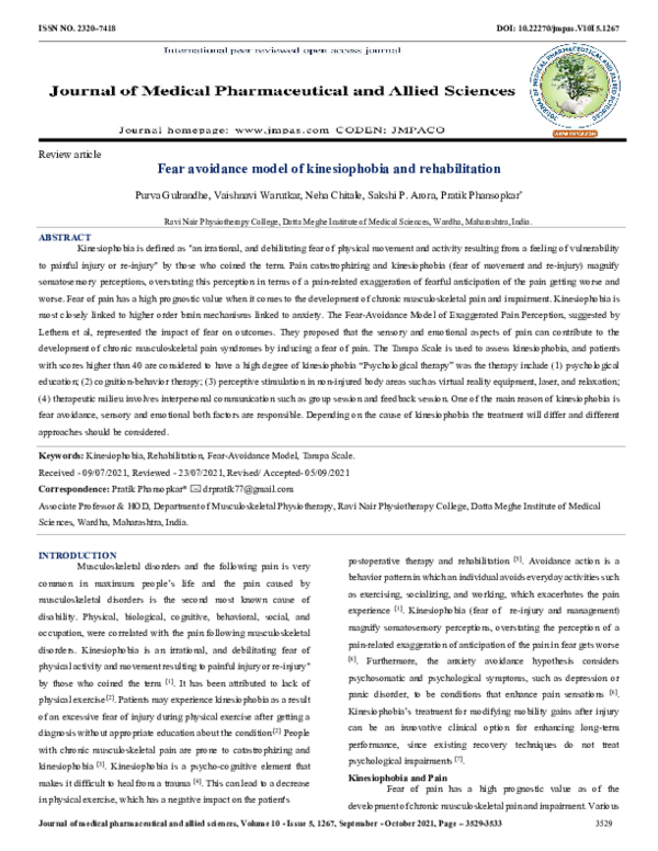(PDF) Fear Avoidance Model of Kinesiophobia and Rehabilitation ...