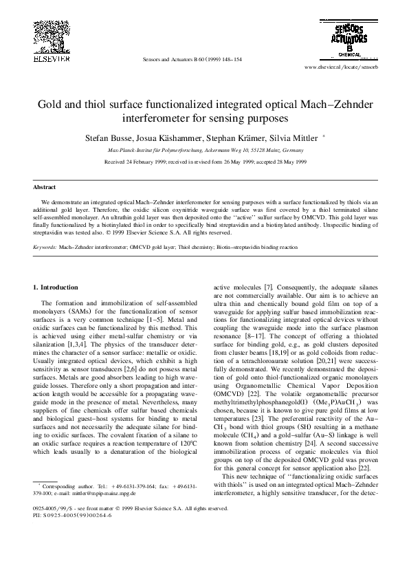 (PDF) Gold and thiol surface functionalized integrated optical Mach–Zehnder interferometer for ...