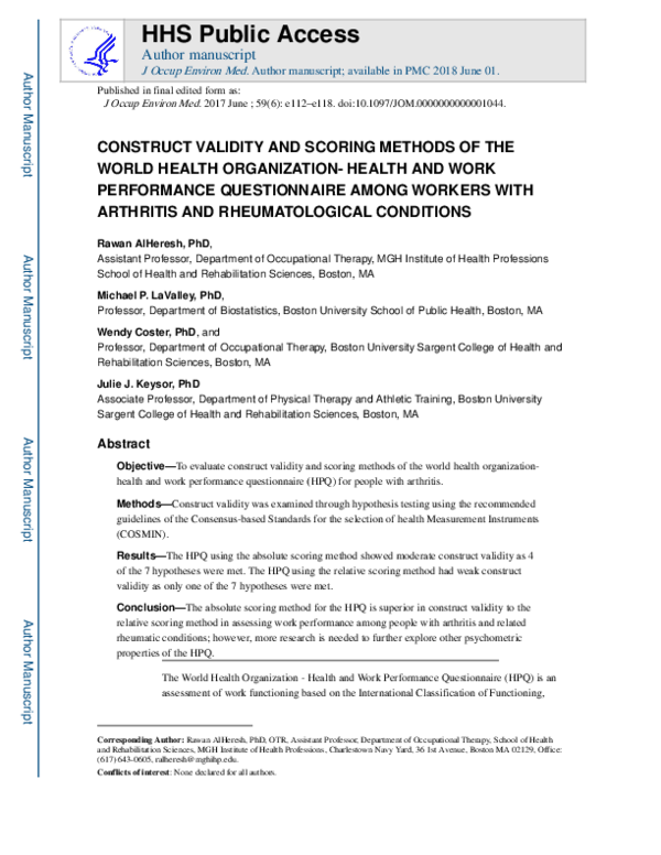 (PDF) Construct Validity and Scoring Methods of the World Health ...