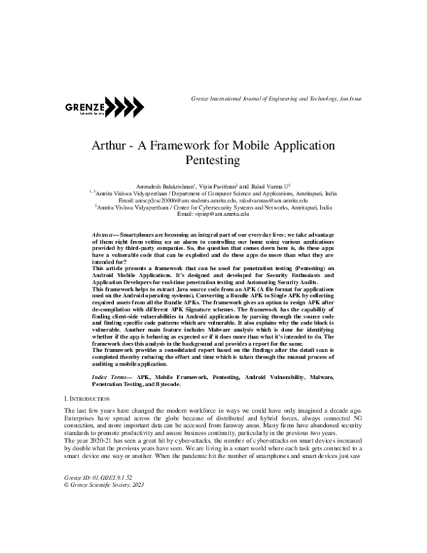 (PDF) Arthur -A Framework for Mobile Application Pentesting | Grenze ...