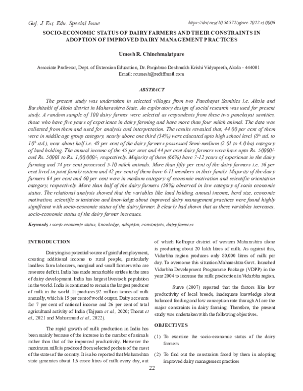 (PDF) Socio-Economic Status of Dairy Farmers and Their Constraints in Adoption of Improved Dairy ...