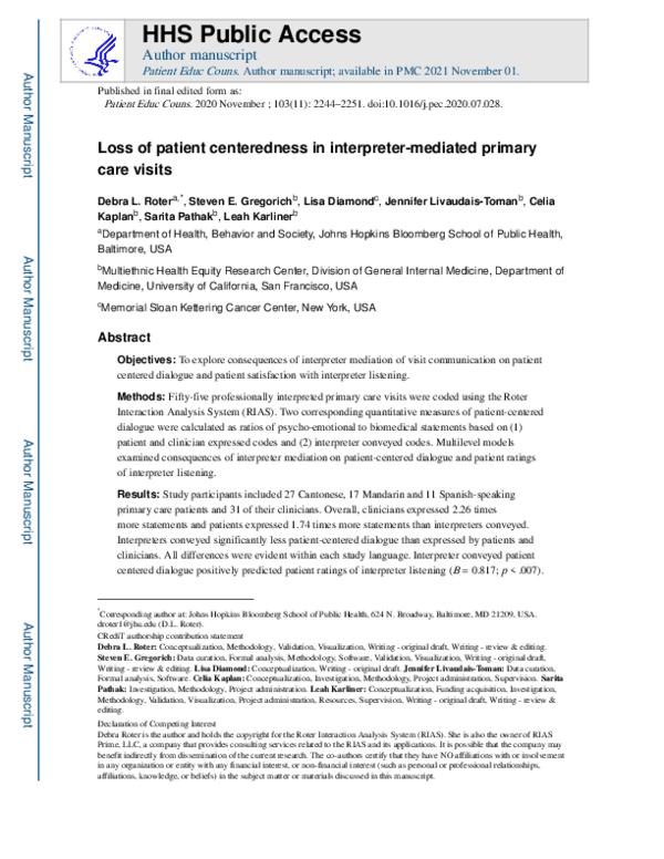 (PDF) Loss of patient centeredness in interpreter-mediated primary care ...