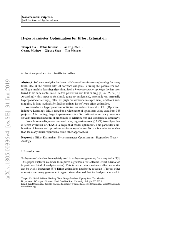 (PDF) Hyperparameter Optimization for Effort Estimation