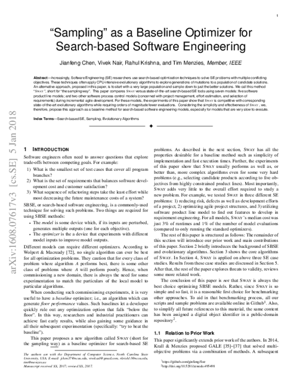 (PDF) “Sampling” as a Baseline Optimizer for Search-Based Software Engineering