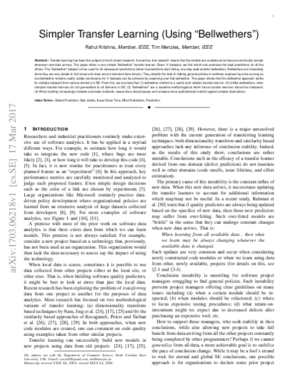 (PDF) Bellwethers: A Baseline Method for Transfer Learning | Rahul Krishna - Academia.edu
