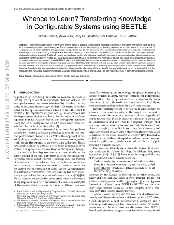 (PDF) Whence to Learn? Transferring Knowledge in Configurable Systems Using BEETLE