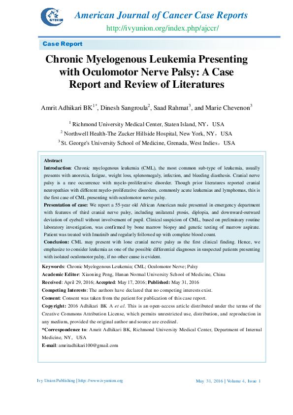 (PDF) Chronic Myelogenous Leukemia Presenting with Oculomotor Nerve ...