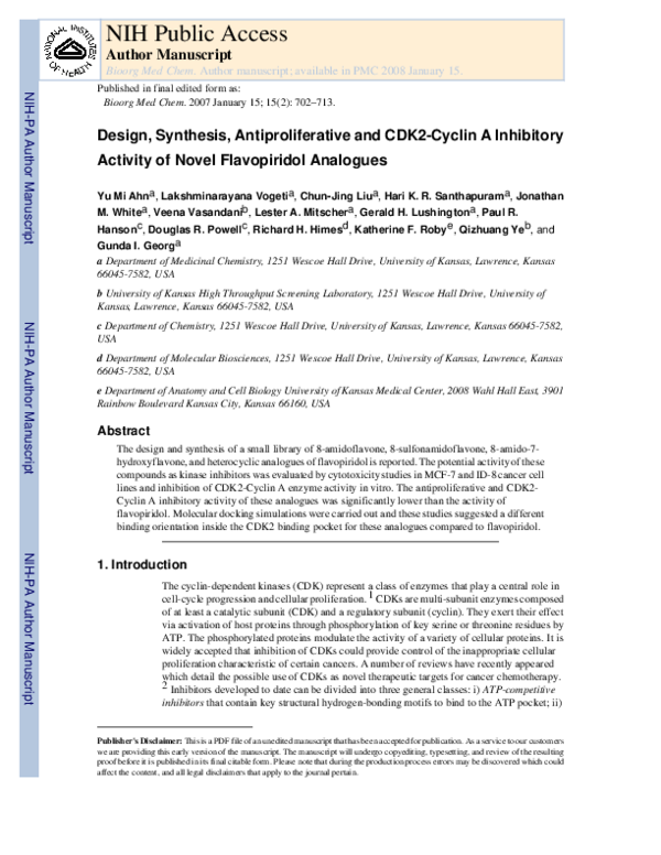 (PDF) Design, synthesis, and antiproliferative and CDK2-cyclin a inhibitory activity of novel ...