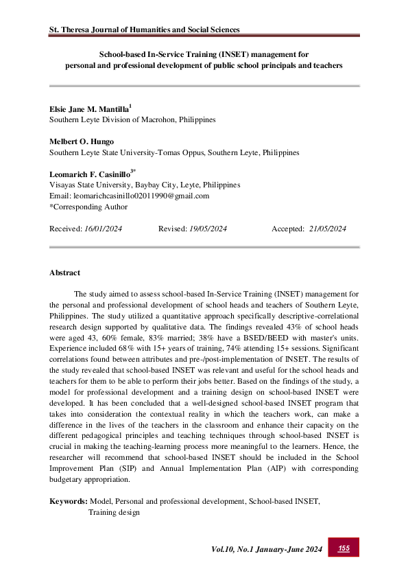 (PDF) School-based In-Service Training (INSET) management for personal and professional ...