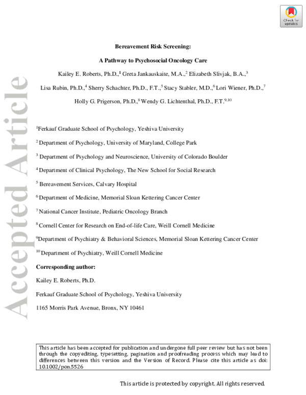 (PDF) Bereavement risk screening: A pathway to psychosocial oncology care