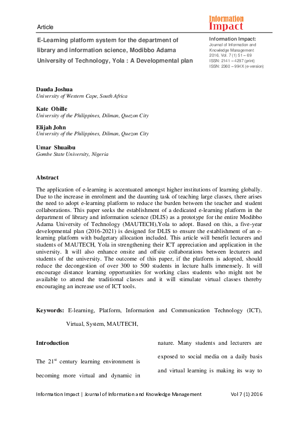 (PDF) E-Learning platform system for the department of library and ...