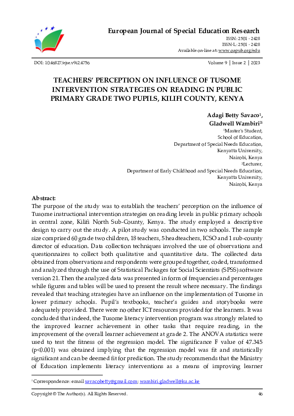 (PDF) Teachers’ Perception on Influence of Tusome Intervention ...