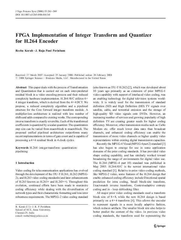 (PDF) FPGA Implementation of Integer Transform and Quantizer for H.264 Encoder