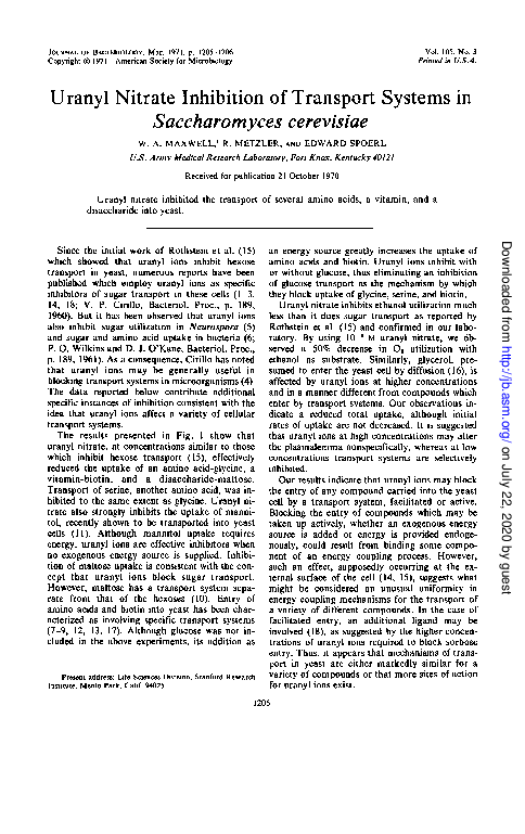 (PDF) Uranyl Nitrate Inhibition of Transport Systems in Saccharomyces cerevisiae