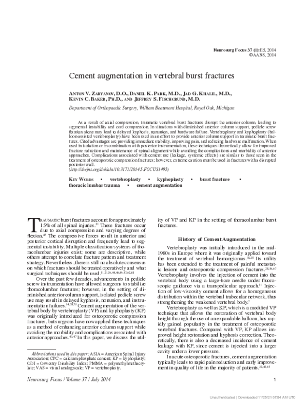 (PDF) Cement augmentation in vertebral burst fractures