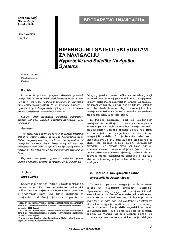 (PDF) Hyperbolic and Satellite Navigation Systems | Tomislav Kos - Academia.edu