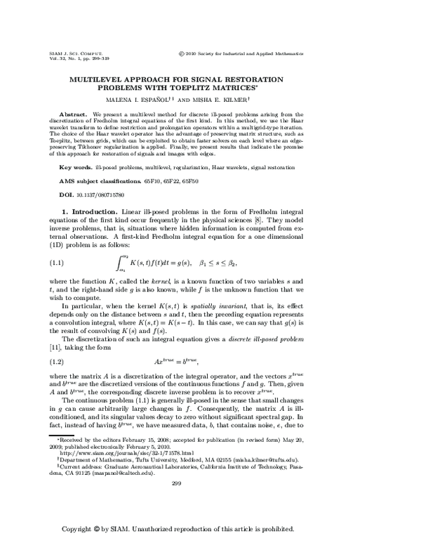 Pdf Multilevel Approach For Signal Restoration Problems With Toeplitz 7642