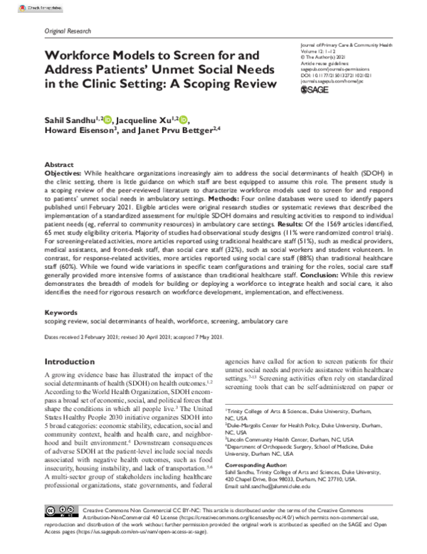 (PDF) Workforce Models to Screen for and Address Patients’ Unmet Social ...